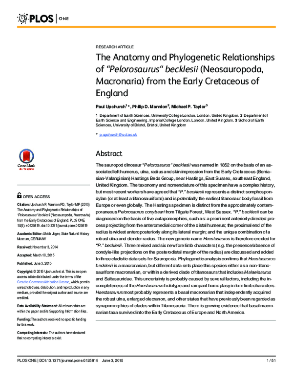 (PDF) The Anatomy and Phylogenetic Relationships of "Pelorosaurus ...