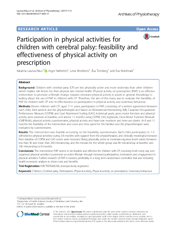 (PDF) Participation in physical activities for children with physical disabilities: feasibility ...