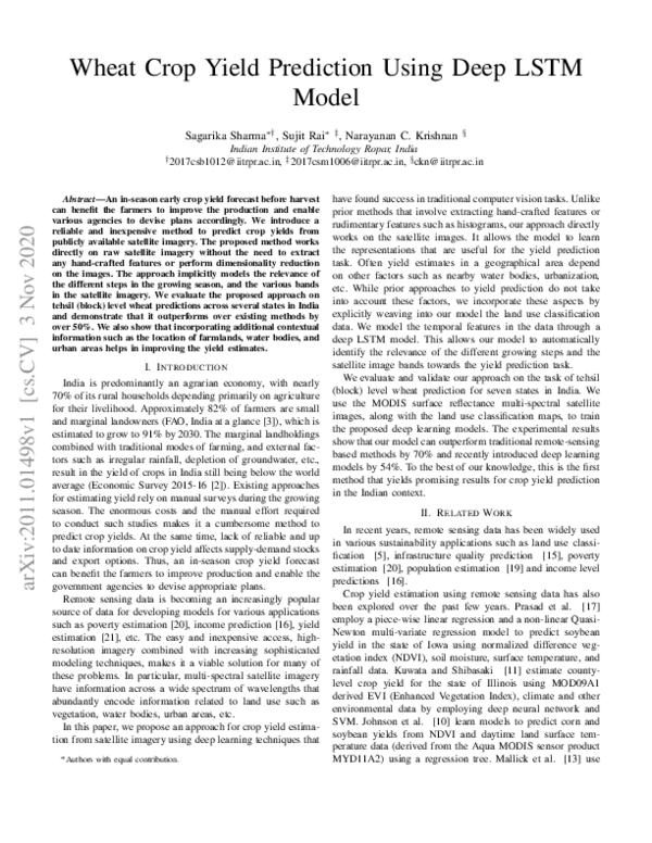 Pdf Wheat Crop Yield Prediction Using Deep Lstm Model