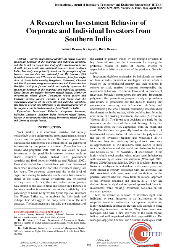 (PDF) A Research on Investment Behavior of Corporate and Individual Investors from Southern India