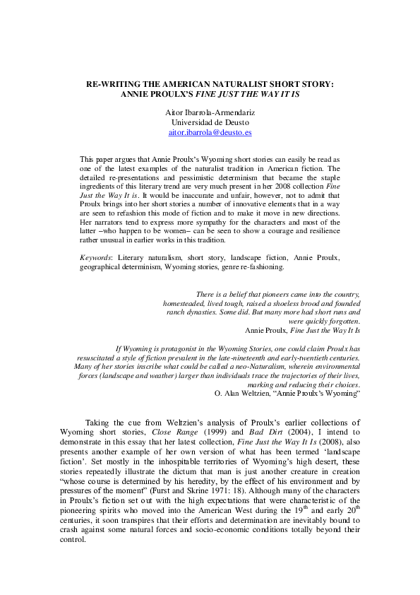 (PDF) Re-writing the american naturalist short story: Annie Proulx's ...