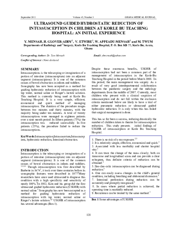 (PDF) Ultrasound guided hydrostatic reduction of intussusception in ...