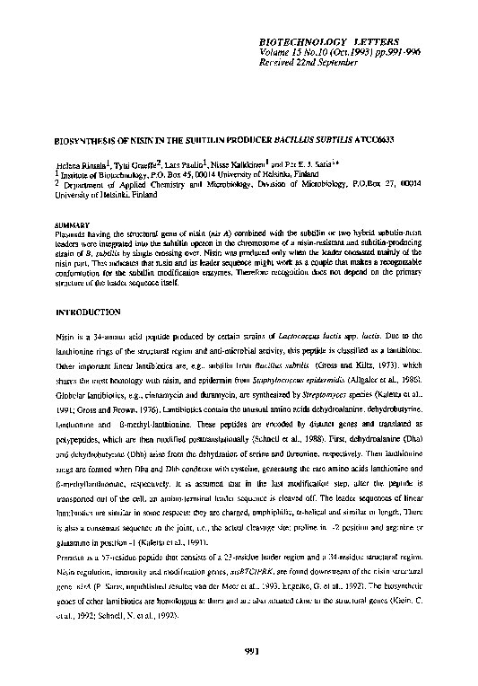 (PDF) Biosynthesis of nisin in the subtilin producer Bacillus subtilis ...