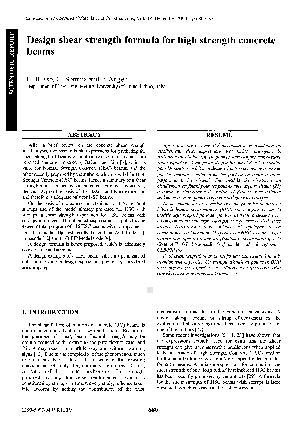 (PDF) Design shear strength formula for high strength concrete beams