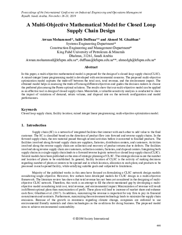 Pdf A Multi Objective Mathematical Model For Closed Loop Supply Chain