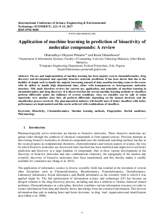 Pdf Application Of Machine Learning In Prediction Of Bioactivity Of