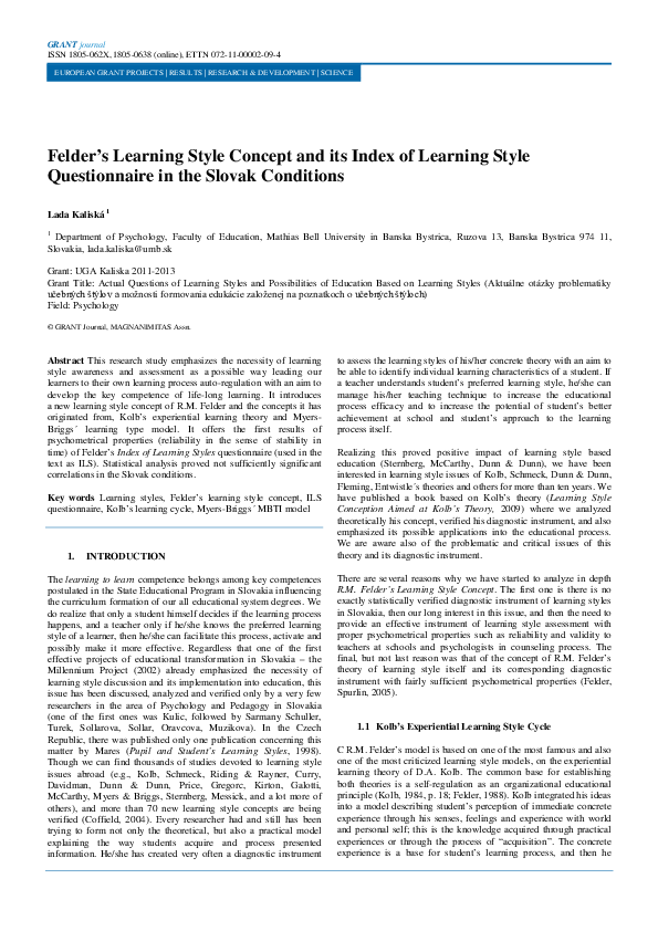 (PDF) Felder ’ s Learning Style Concept and its Index of Learning Style ...