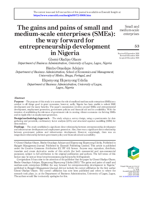 (PDF) The gains and pains of small and medium-scale enterprises (SMEs): the way forward for ...