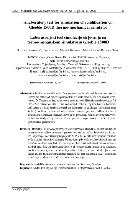 (PDF) A laboratory test for simulation of solidification on Gleeble ...