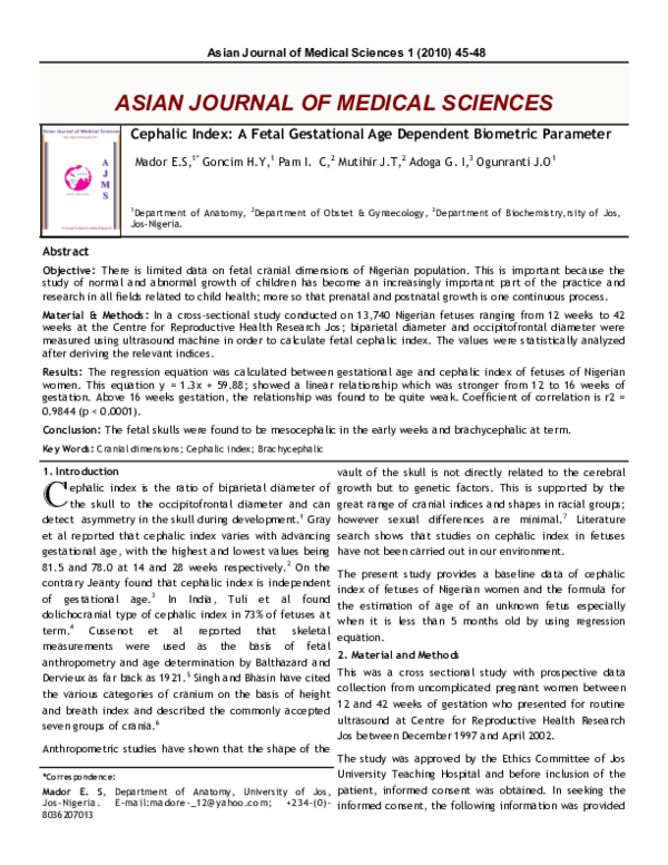 (PDF) Cephalic Index: A Fetal Gestational Age Dependent Biometric Parameter