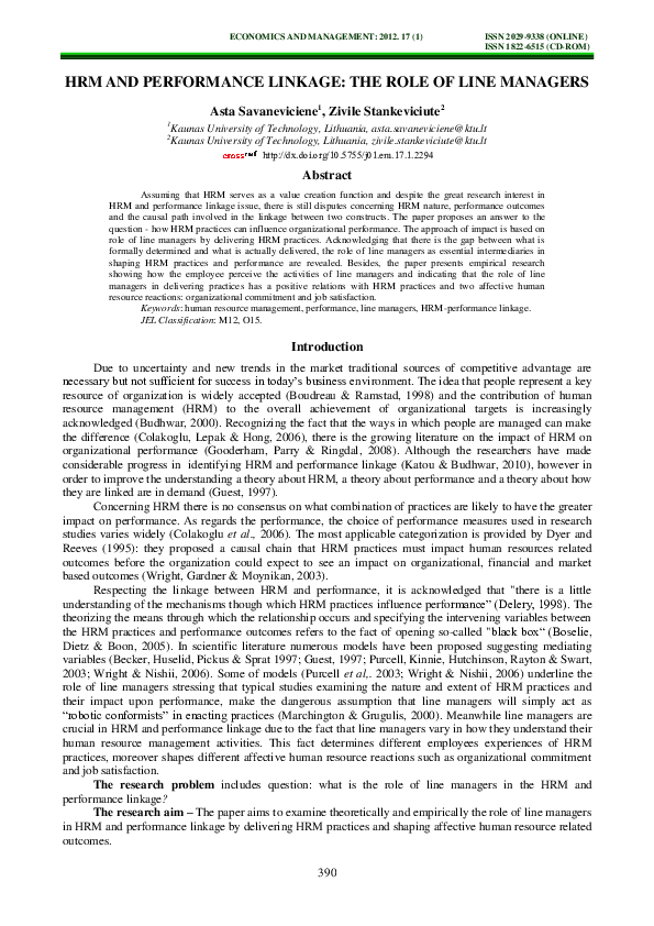 (PDF) HRM and Performance Linkage: The Role of Line Managers