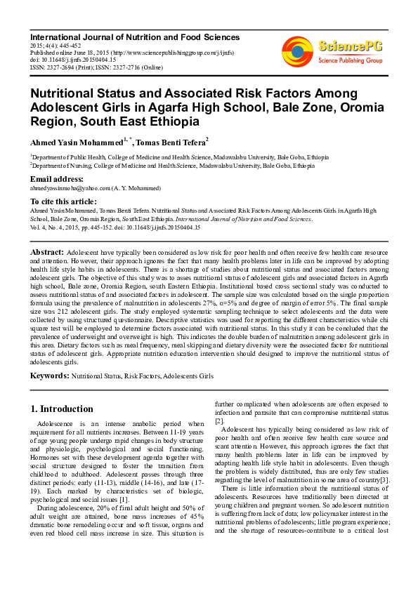 (PDF) Nutritional Status and Associated Risk Factors Among Adolescents ...