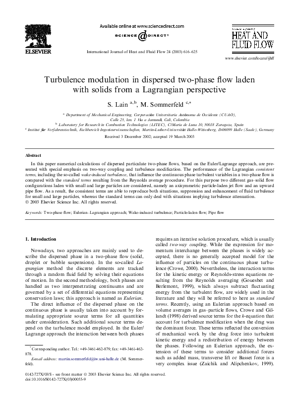 (PDF) Turbulence modulation in dispersed two-phase flow laden with solids from a Lagrangian ...