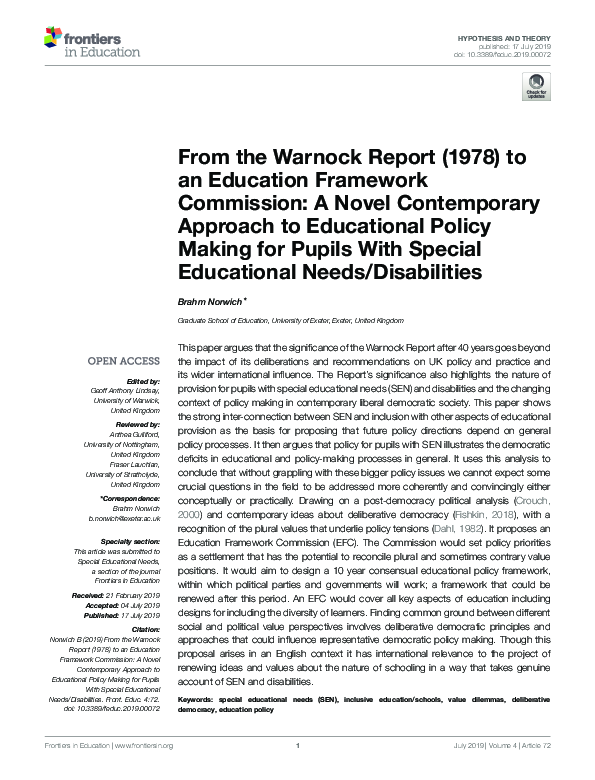 (PDF) From the Warnock Report (1978) to an Education Framework ...