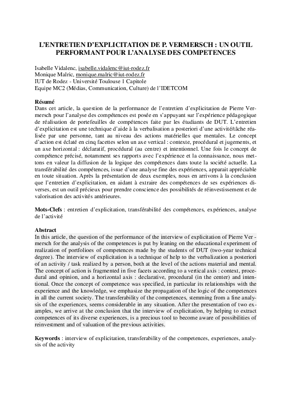 (PDF) L'entretien d'explicitation de P. Vermersch : un outil performant ...
