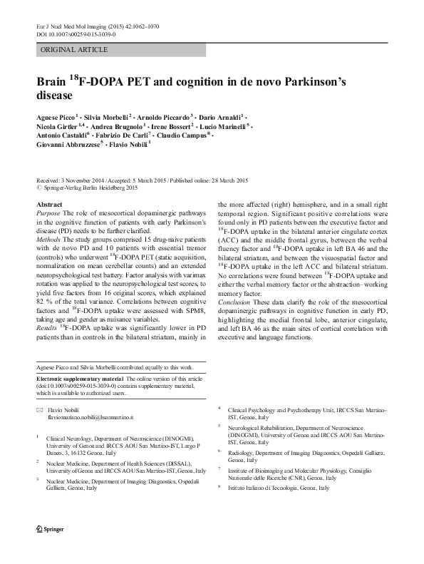(PDF) Brain (18)F-DOPA PET and cognition in de novo Parkinson's disease