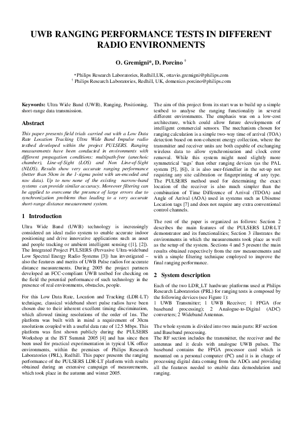 (PDF) Uwb Ranging Performance Tests in Different Radio Environments
