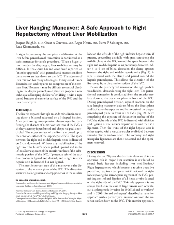(PDF) Liver hanging maneuver: a safe approach to right hepatectomy ...