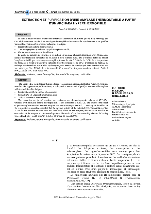 Extraction et Purification D'Une Amylase Thermostable a Partir D'Un ...