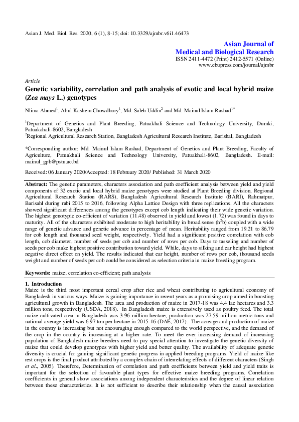 Pdf Genetic Variability Correlation And Path Analysis Of Exotic And Local Hybrid Maize Zea