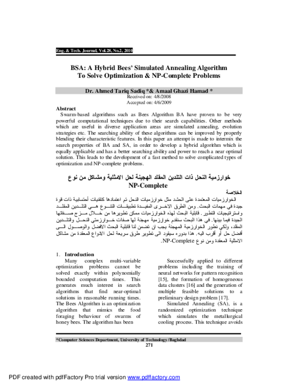 Pdf Bsa A Hybrid Bees Simulated Annealing Algorithm To Solve Optimization And Np Complete
