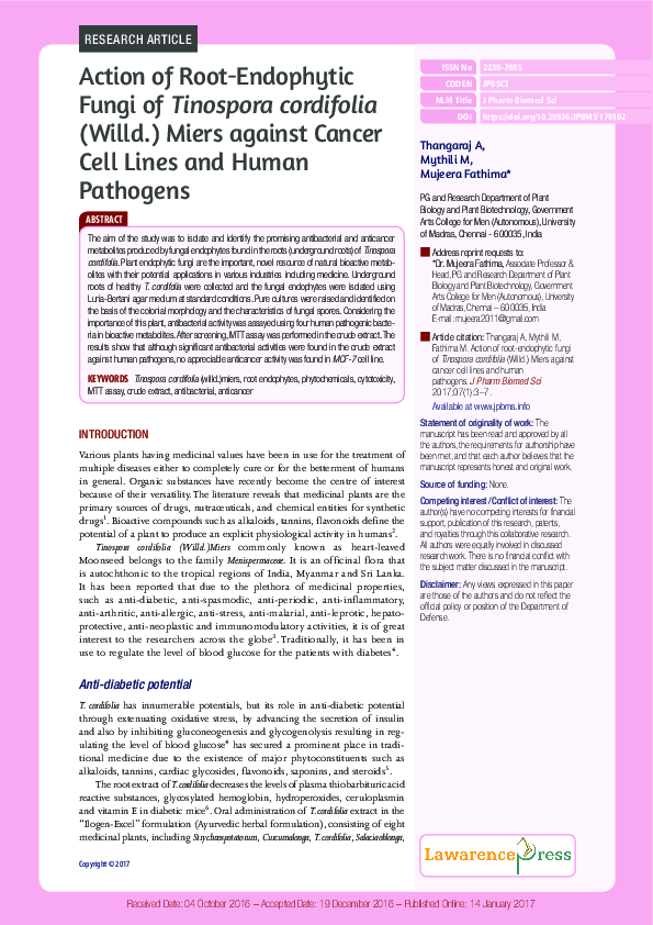 (PDF) Action of Root-Endophytic Fungi of Tinospora cordifolia (Willd ...