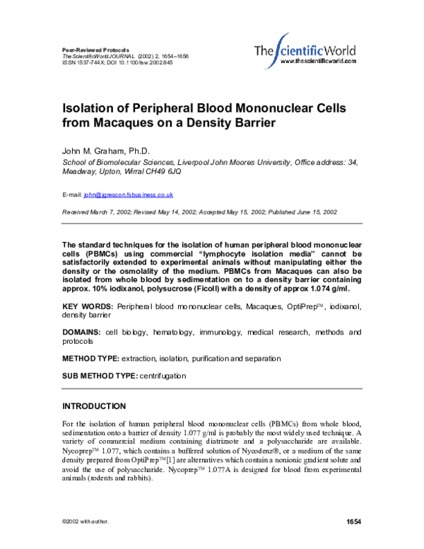 (PDF) Isolation of Peripheral Blood Mononuclear Cells Using Glycerol ...