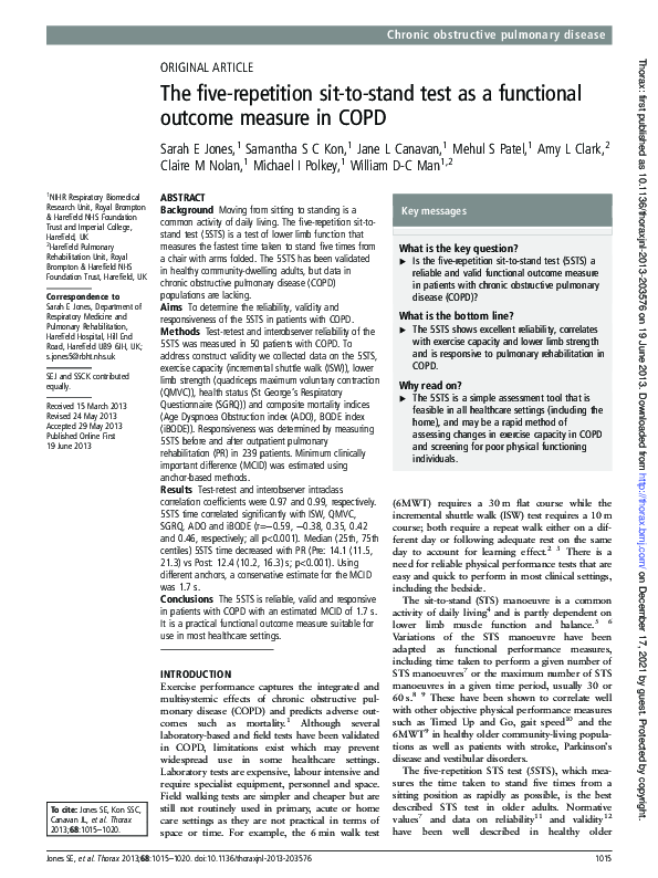 (PDF) The five-repetition sit-to-stand test as a functional outcome ...