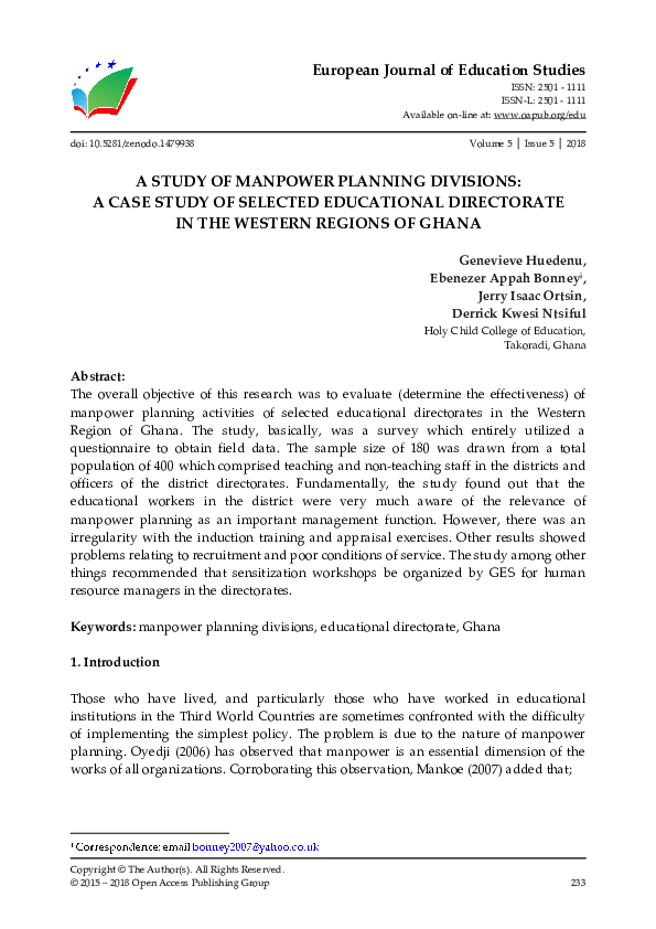 (PDF) A Study of Manpower Planning Divisions: A Case Study of Selected Educational Directorate ...