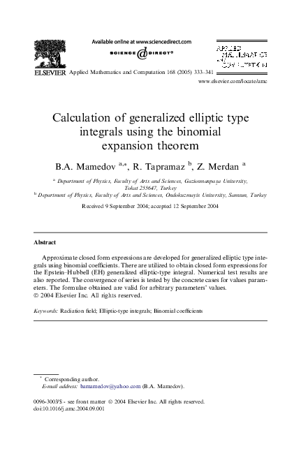 (PDF) Calculation of generalized elliptic type integrals using the binomial expansion theorem