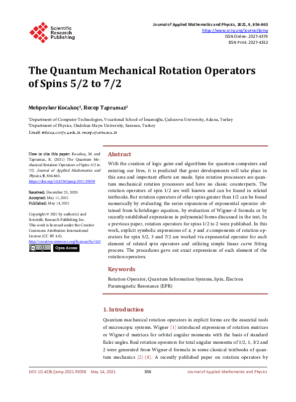 (PDF) The Quantum Mechanical Rotation Operators of Spins 5/2 to 7/2