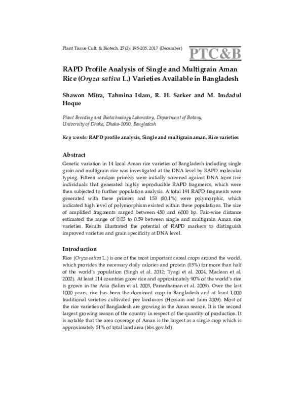 (PDF) RAPD Profile Analysis of Single and Multigrain Aman Rice (Oryza ...