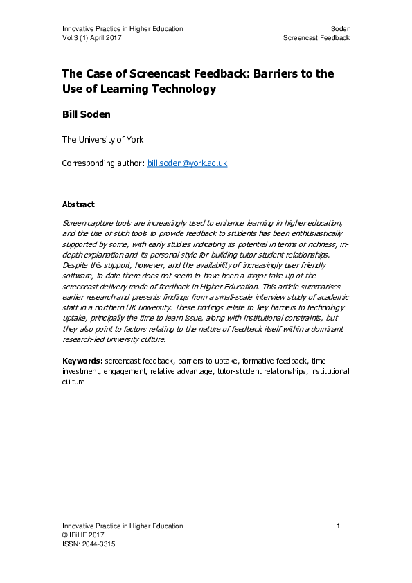 (PDF) The Case of Screencast Feedback: Barriers to the Use of Learning ...