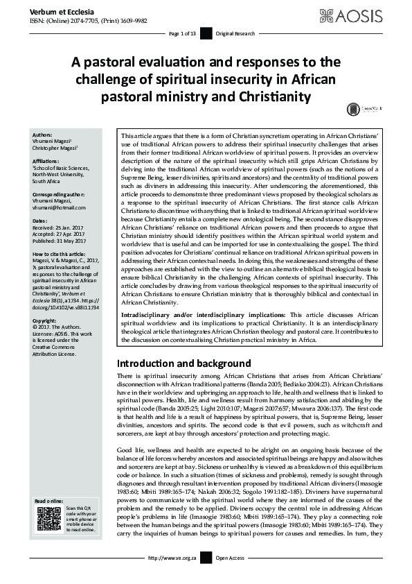 (PDF) A pastoral evaluation and responses to the challenge of spiritual ...