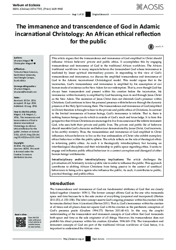 (PDF) The immanence and transcendence of God in Adamic incarnational ...