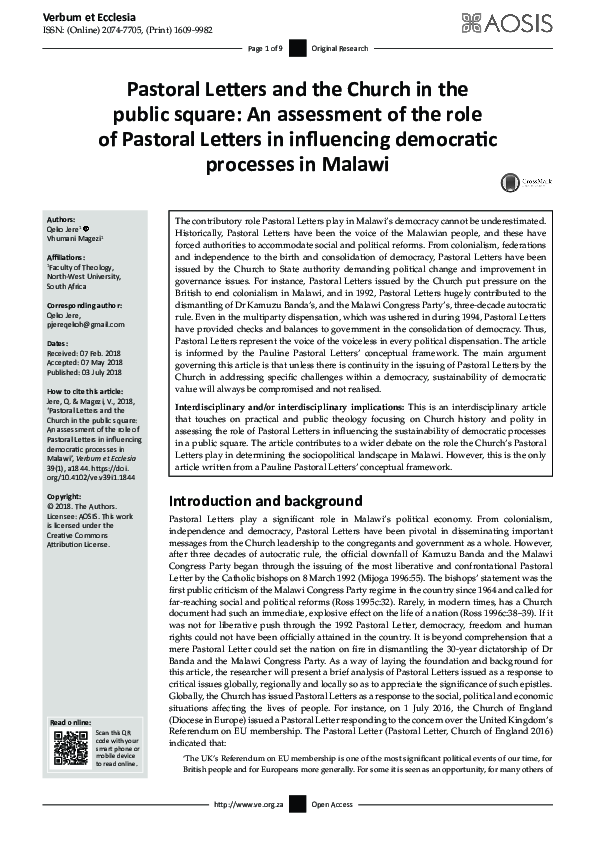 (PDF) Pastoral Letters and the Church in the public square: An ...