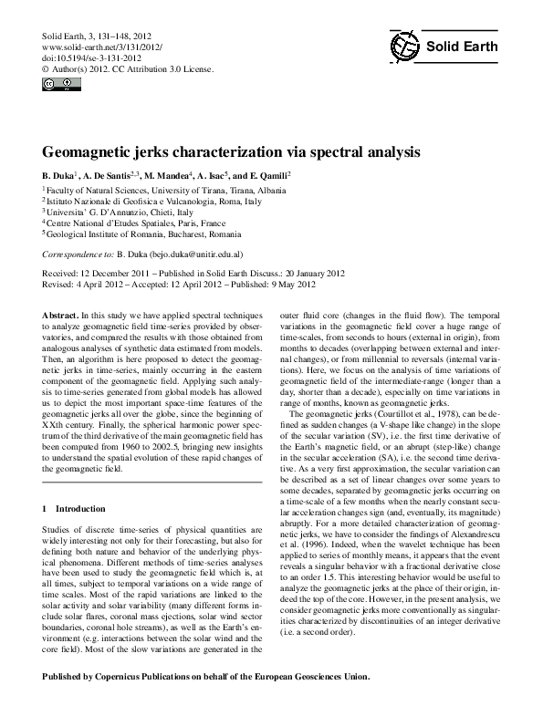 (PDF) Geomagnetic jerks characterization via spectral analysis