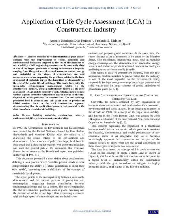 (PDF) Application of Life Cycle Assessment ( LCA ) in Construction Industry