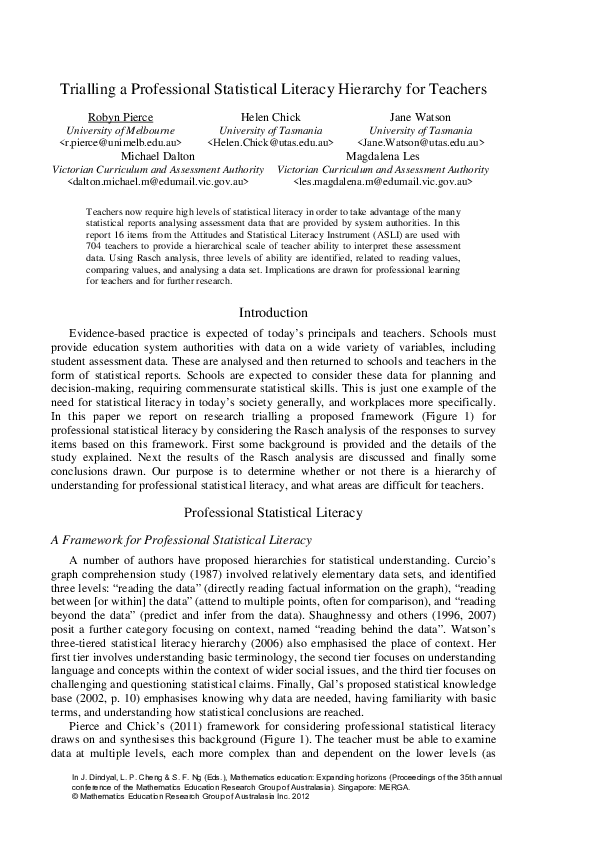 (PDF) Trialling a professional statistical literacy hierarchy for teachers