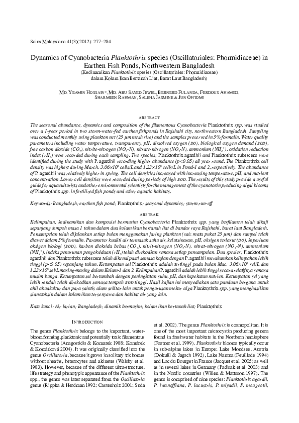 (PDF) Dynamics of cyanobacteria planktothrix species (Oscillatoriales ...