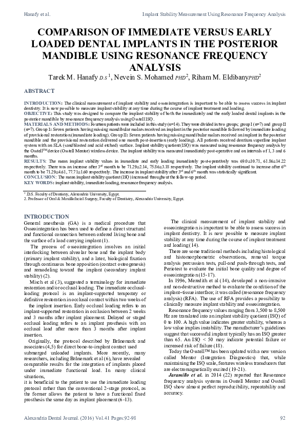 (PDF) Comparison of Immediate Versus Early Loaded Dental Implants in ...
