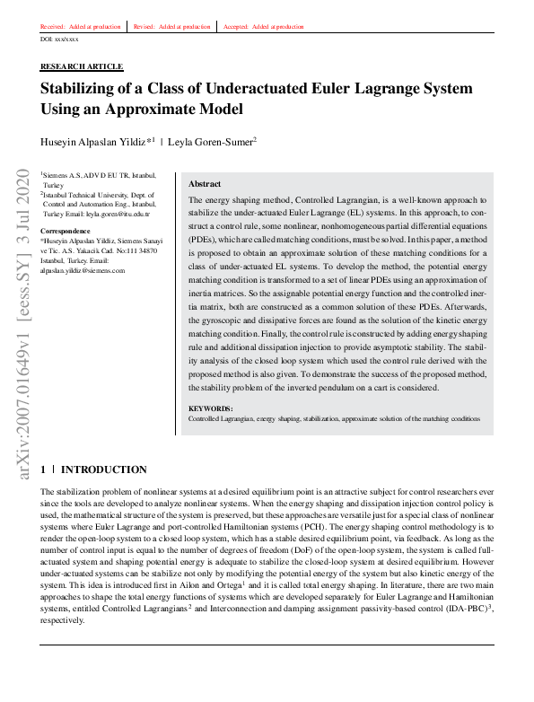 (PDF) Stabilizing a class of under-actuated Euler-Lagrange systems using an approximate model