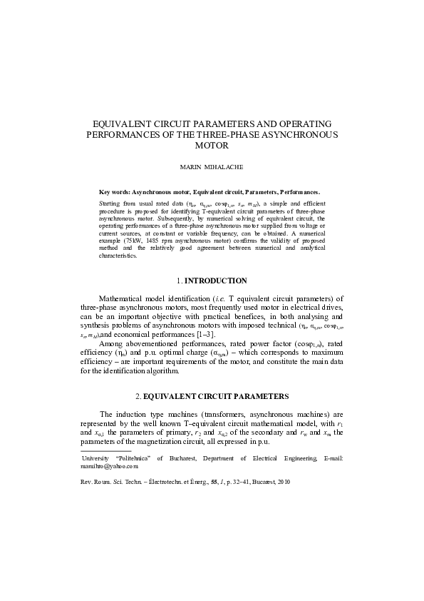 Pdf Equivalent Circuit Parameters And Operating Performances Of The Three Phase Asynchronous Motor