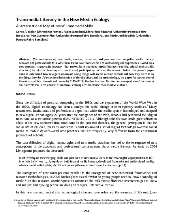 (PDF) Transmedia Literacy in the New Media Ecology An International Map ...