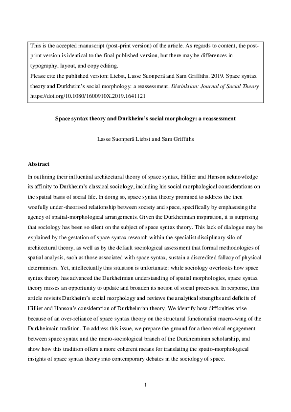 (PDF) Space syntax theory and Durkheim’s social morphology: a reassessment