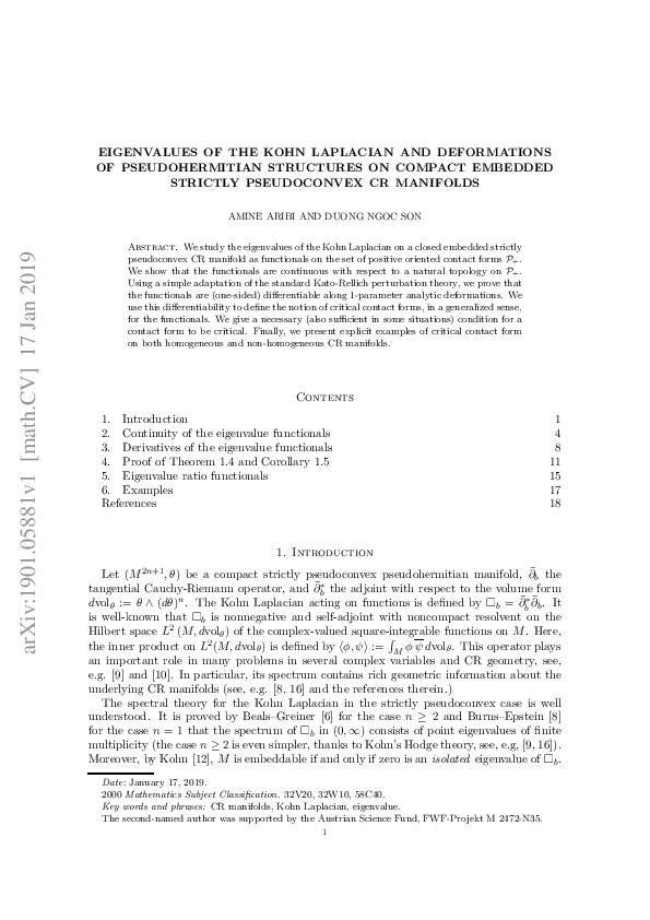 (PDF) Eigenvalues of Kohn Laplacian on Pseudoconvex CR Manifolds