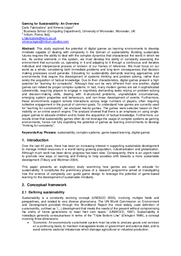 (PDF) Gaming for sustainability: An overview