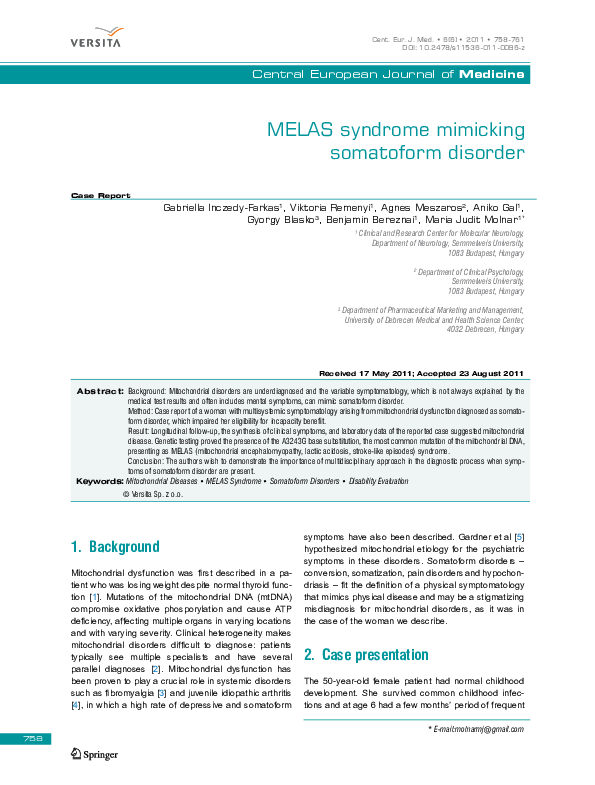 (PDF) MELAS syndrome mimicking somatoform disorder Central European