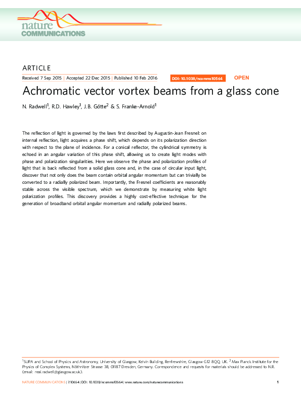 (PDF) Achromatic vector vortex beams from a glass cone