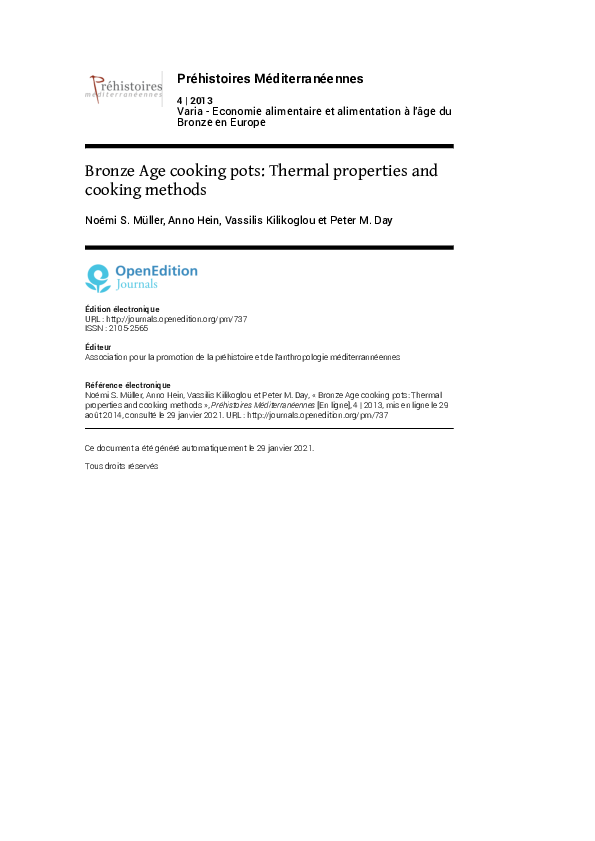 (PDF) Bronze Age cooking pots: Thermal properties and cooking methods